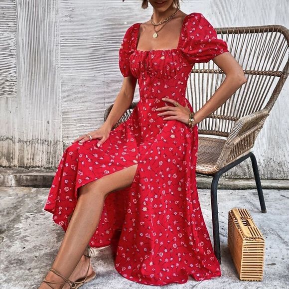 Dresses | New Allover Floral Square Neck Ruched Bust Puff Sleeve Split ...